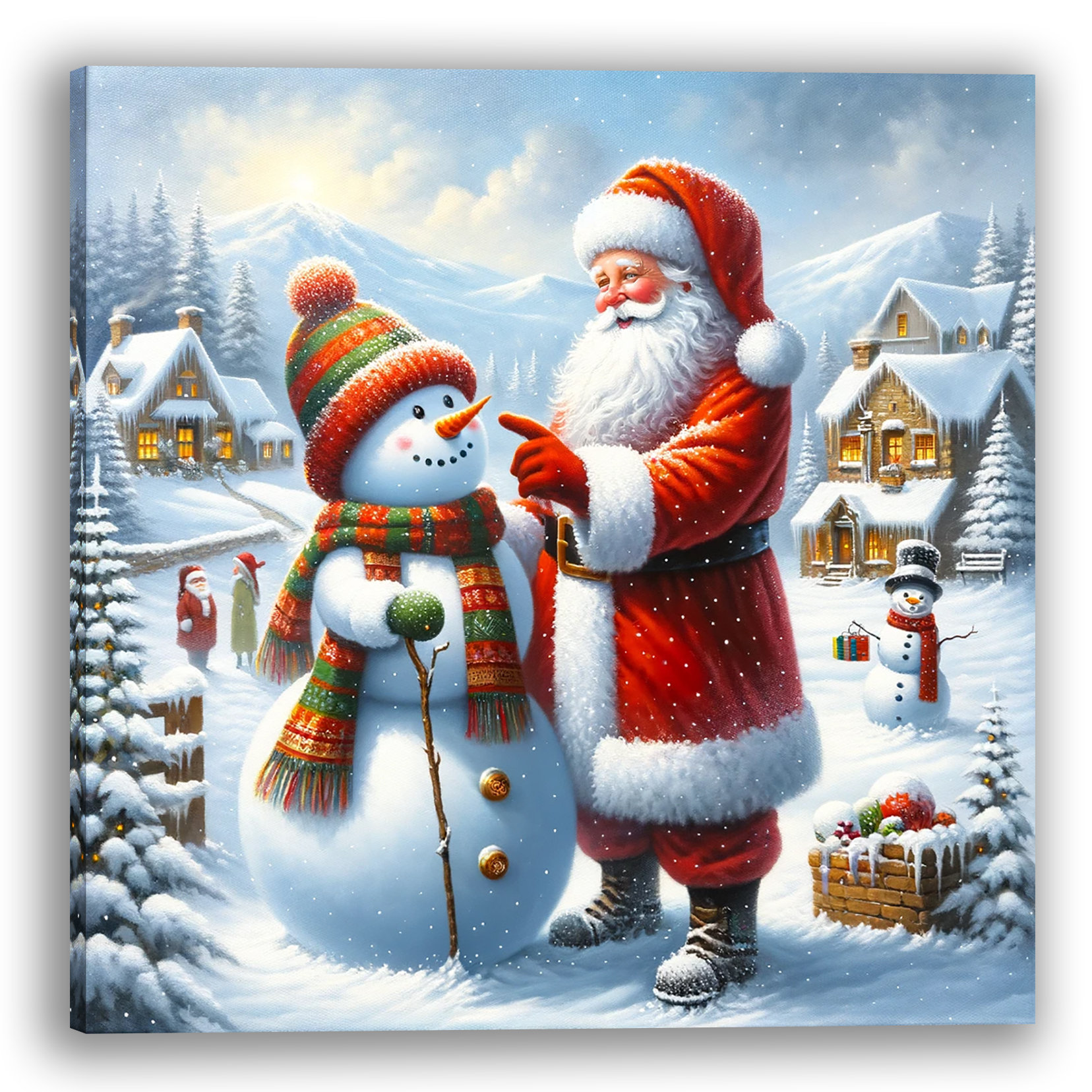 The Holiday Aisle® Santa's Jolly Encounter with Snowman - Wrapped Canvas Print | Wayfair
